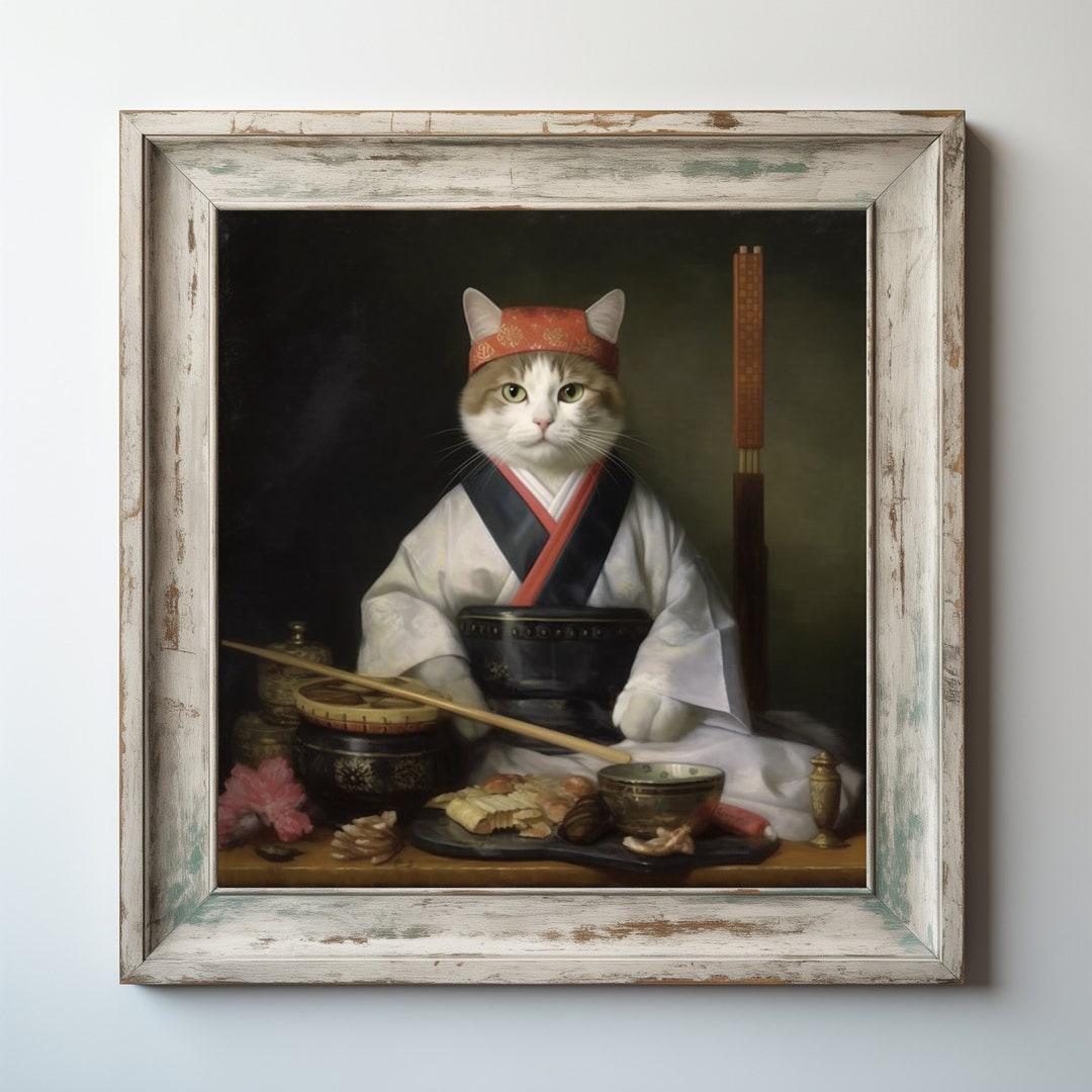 Sushi Chef Cat Funny Animal Wall Decor Cat Chef Kitchen Decor Portrait ...