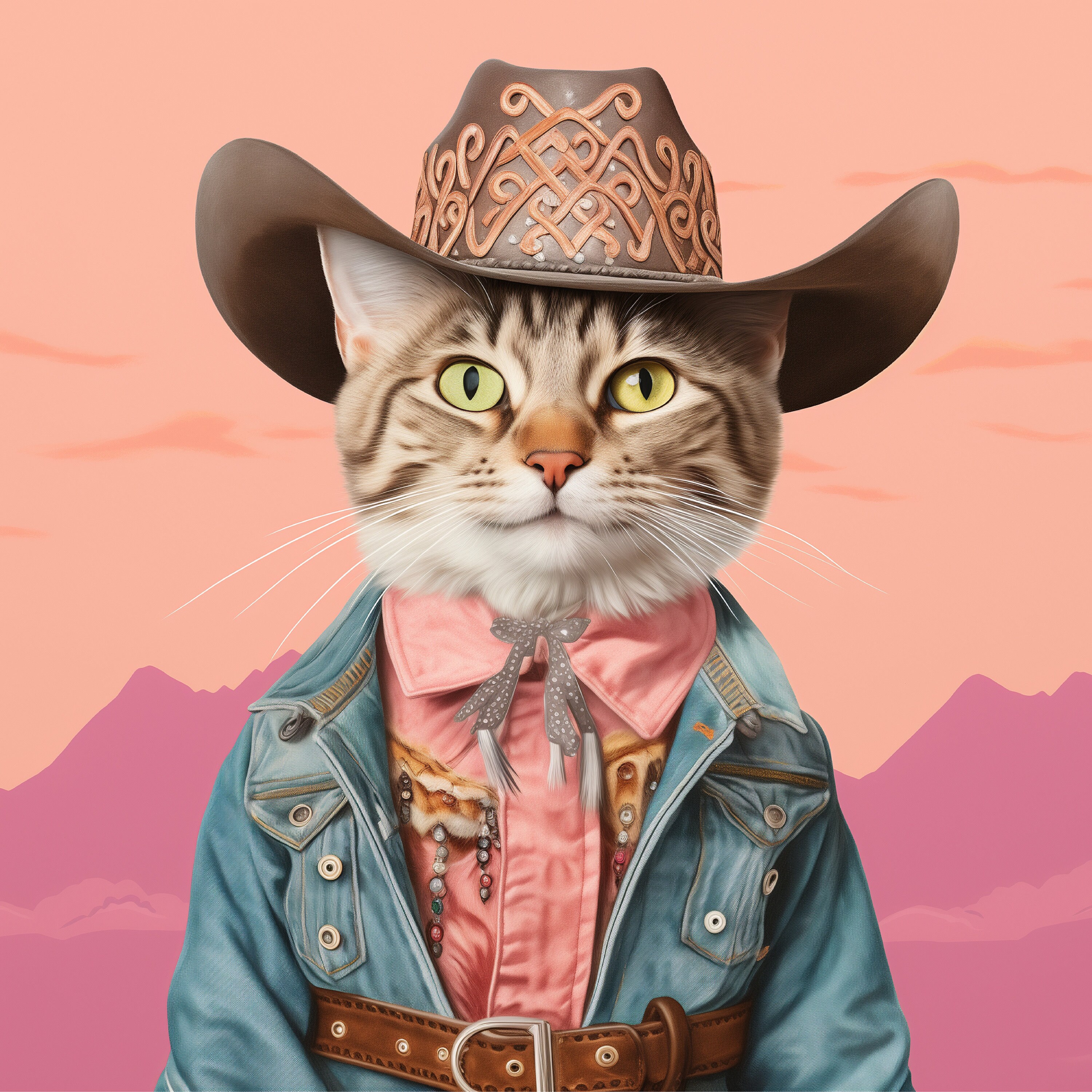 Cowboy Cat Cat Art Portrait Tabby Cat in A Hat Pink Digital Art Print ...