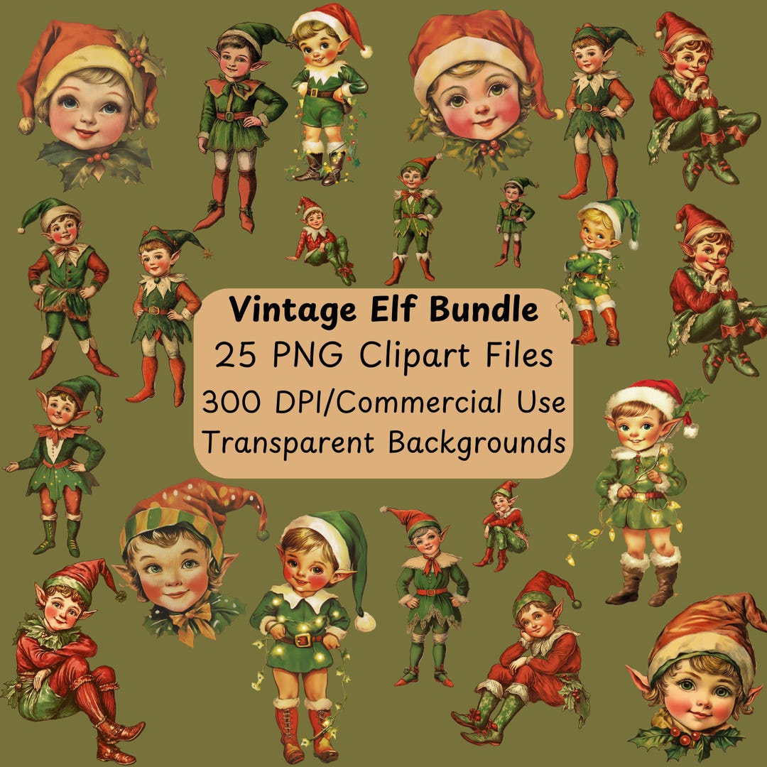 Vintage Elf PNG Clipart Bundle - 25 PNG Files - Transparent Background ...
