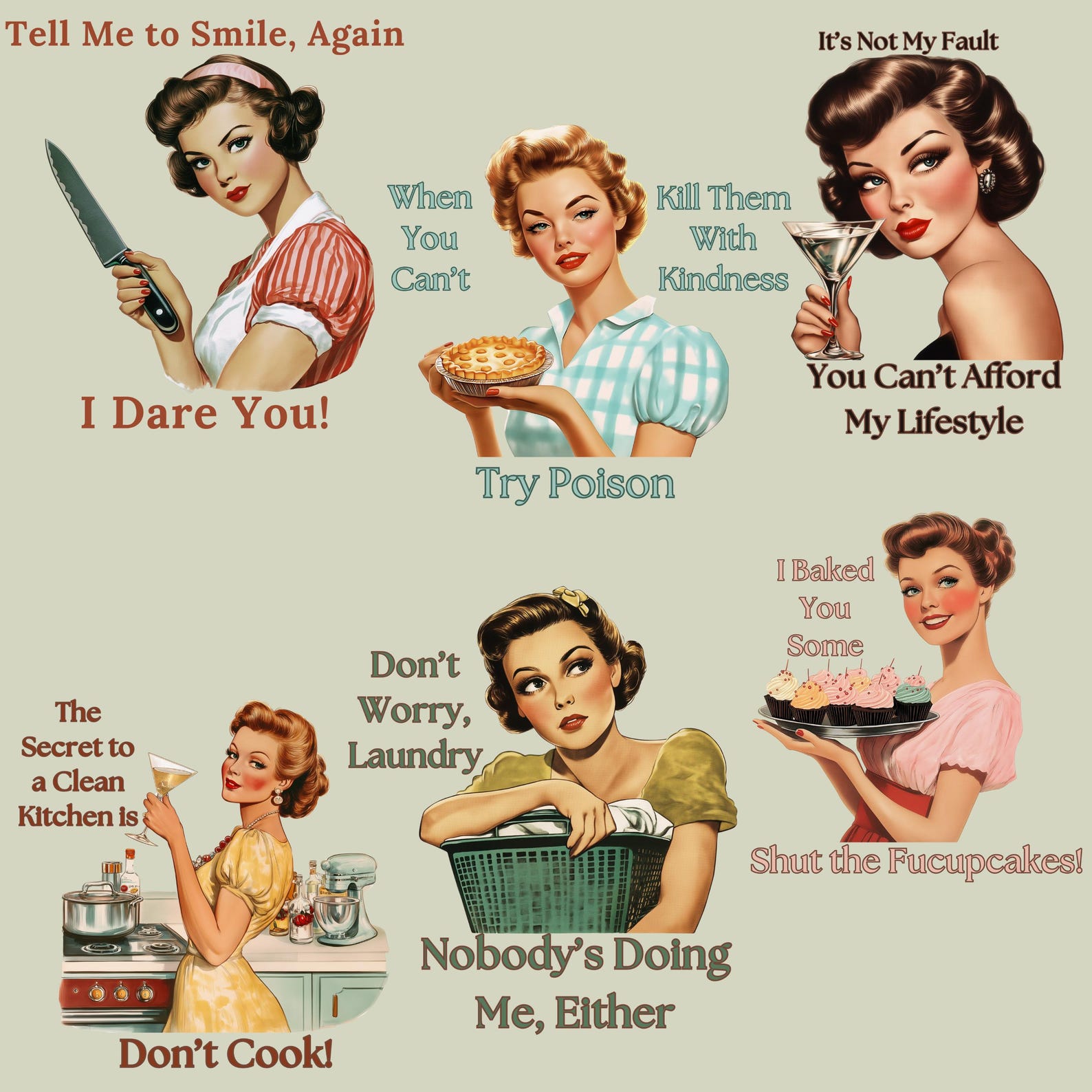 Retro 1950's Women With Sarcastic Sayings - Clipart Bundle - 18 PNG ...