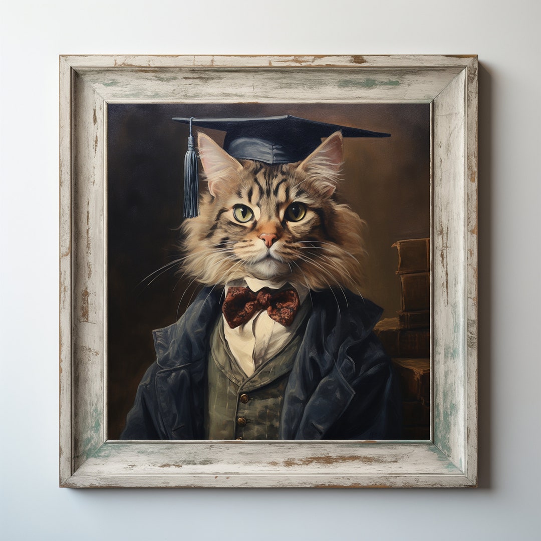 Graduation Cat in A Bowtie Funny Animal Wall Decor Cat in Hat Home ...