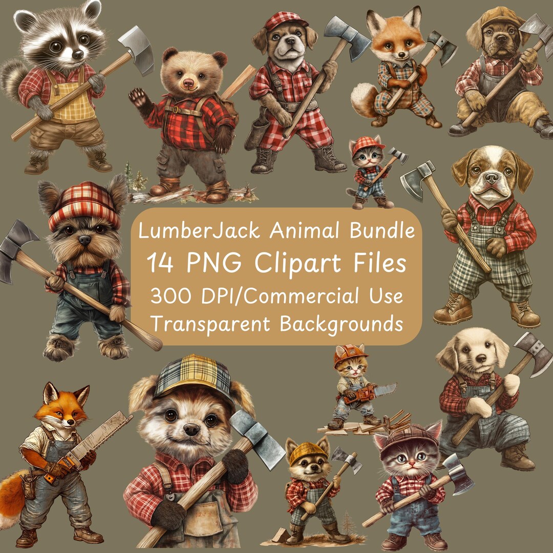 Lumber Jack Animals - Clipart Bundle - 14 PNG Files - Transparent ...