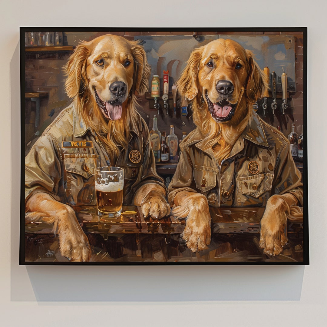 Two Dogs at Bar Drinking Beer Dog Art Digital Print Golden Retriever ...