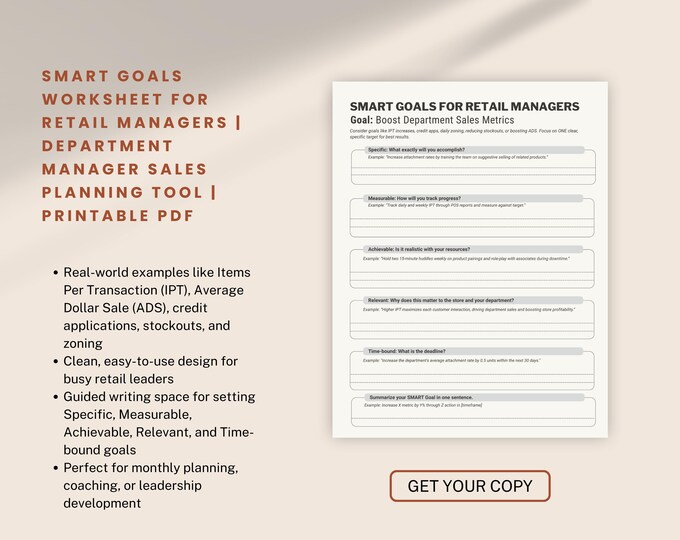 SMART Goals Worksheet for Work | Retail Manager Goal Setting Tool ...