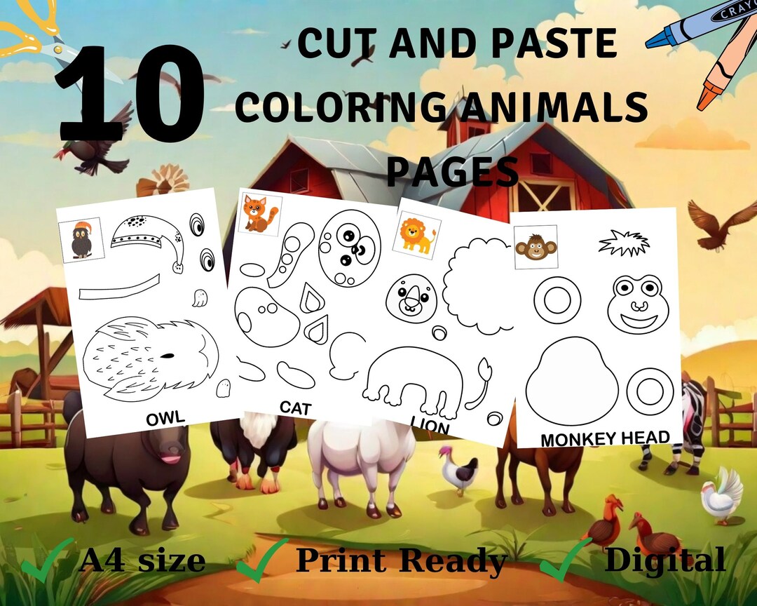 Cut and Paste Coloring Animals Activity Pages for Preschool,preschool ...