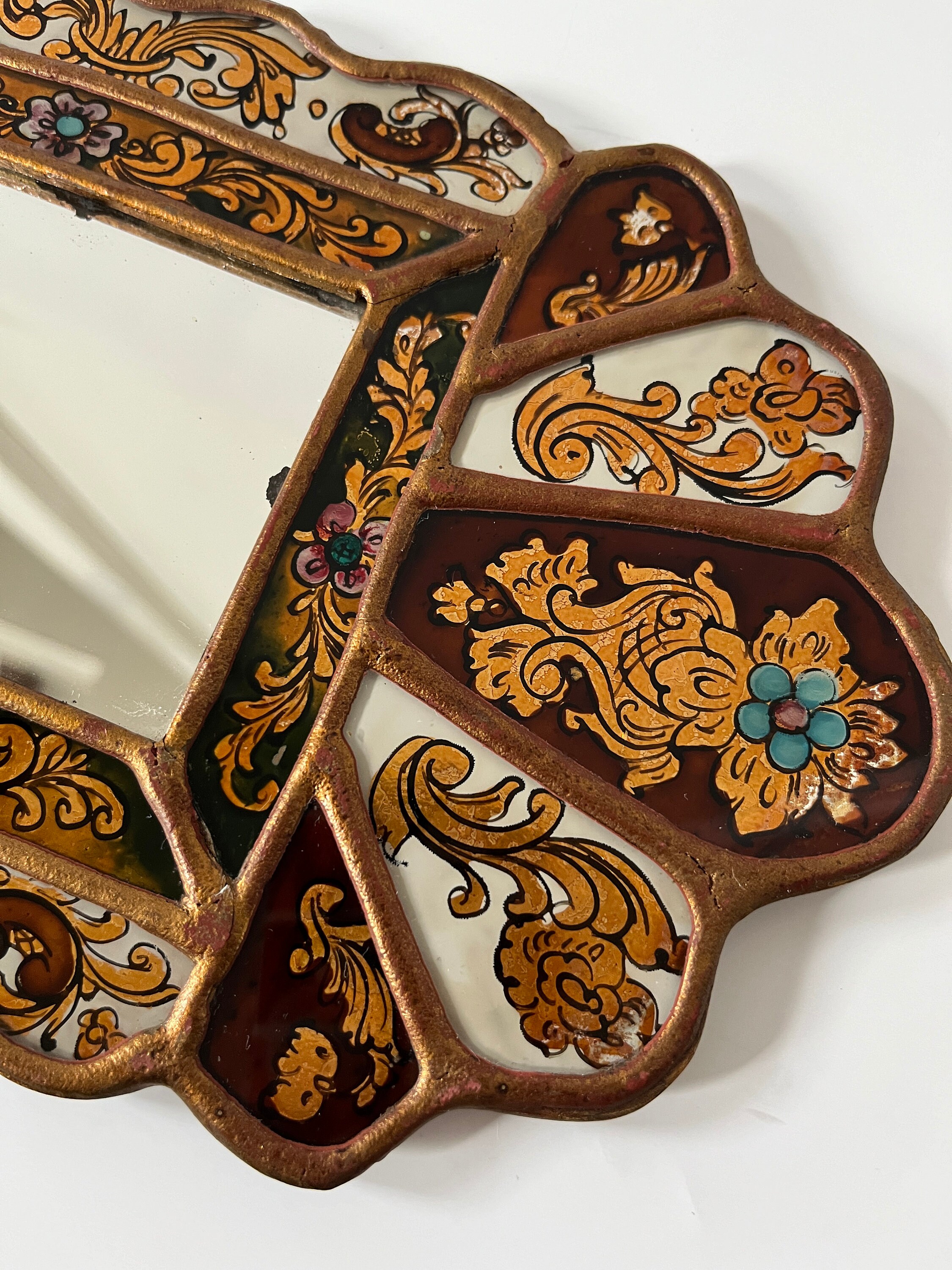 Antique Peruvian Reverse Painted Glass and Mirror European Style Signed ...