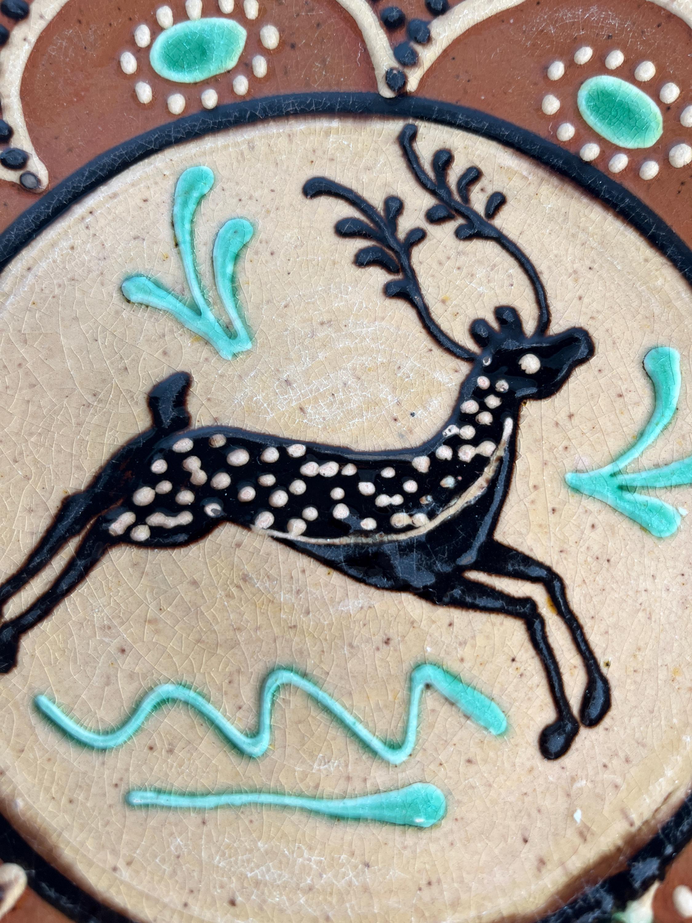 10" Round American Redware Plate With Leaping Stag Motif - Turtle Creek ...