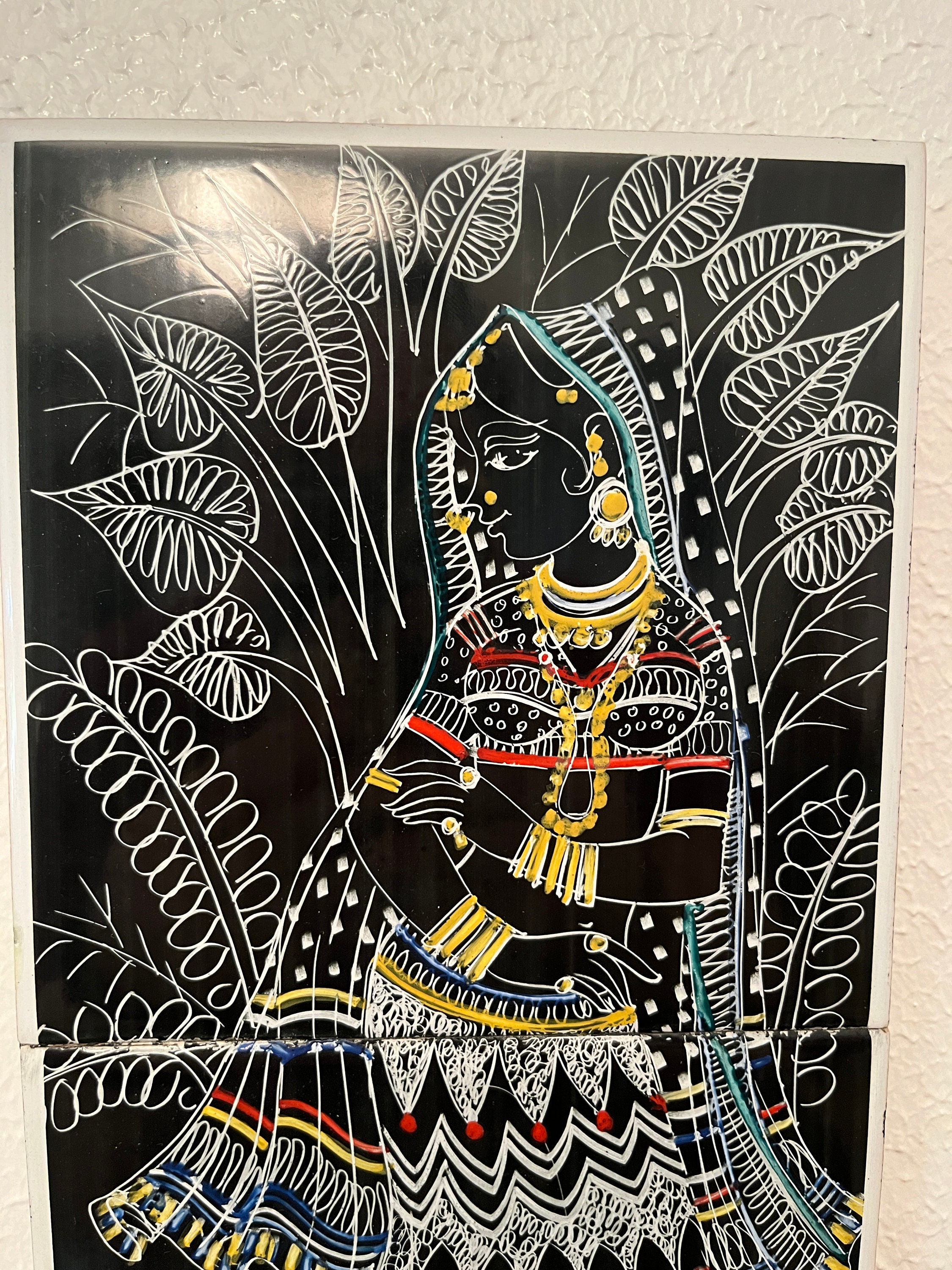 Vintage Madhubani Style Painting Original Artwork on Tile Signed EE ...