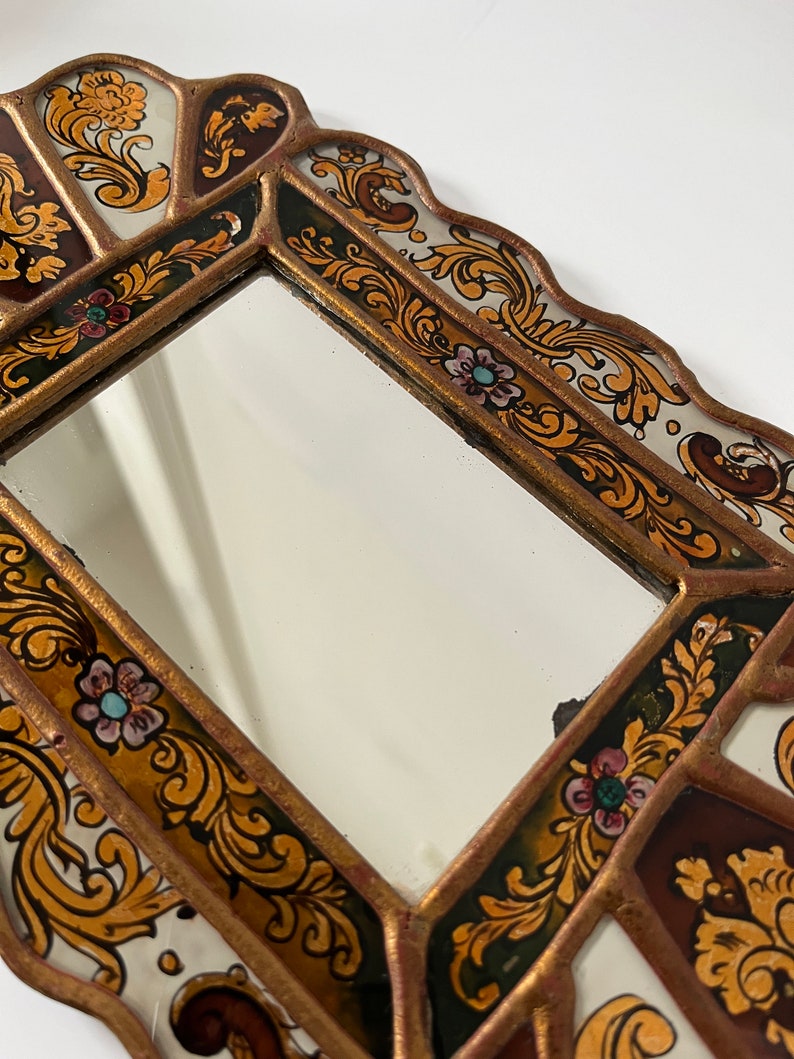 Antique Peruvian Reverse Painted Glass and Mirror European Style Signed ...