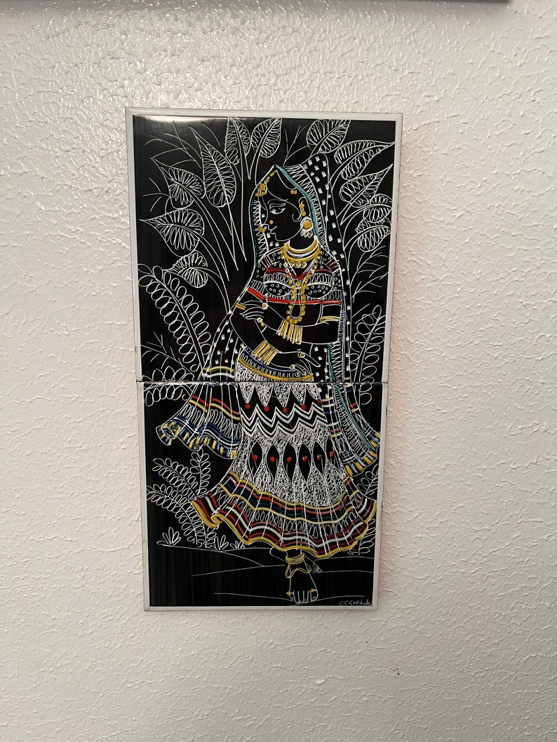 Vintage Madhubani Style Painting Original Artwork on Tile Signed EE ...