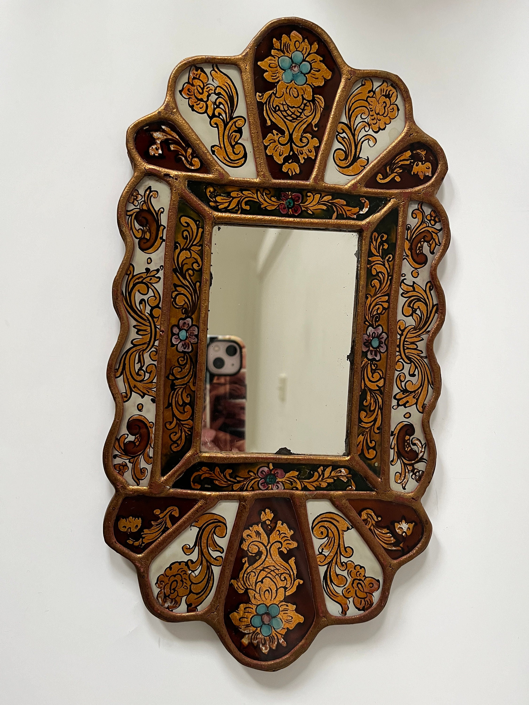 Antique Peruvian Reverse Painted Glass and Mirror European Style Signed ...