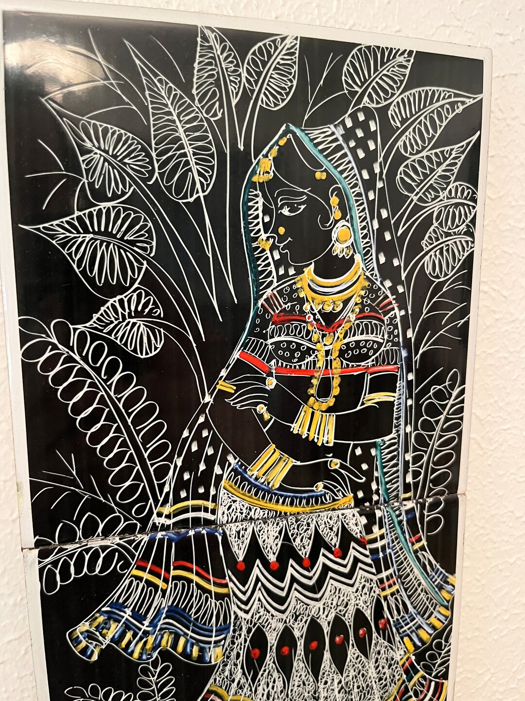 Vintage Madhubani Style Painting Original Artwork on Tile Signed EE ...