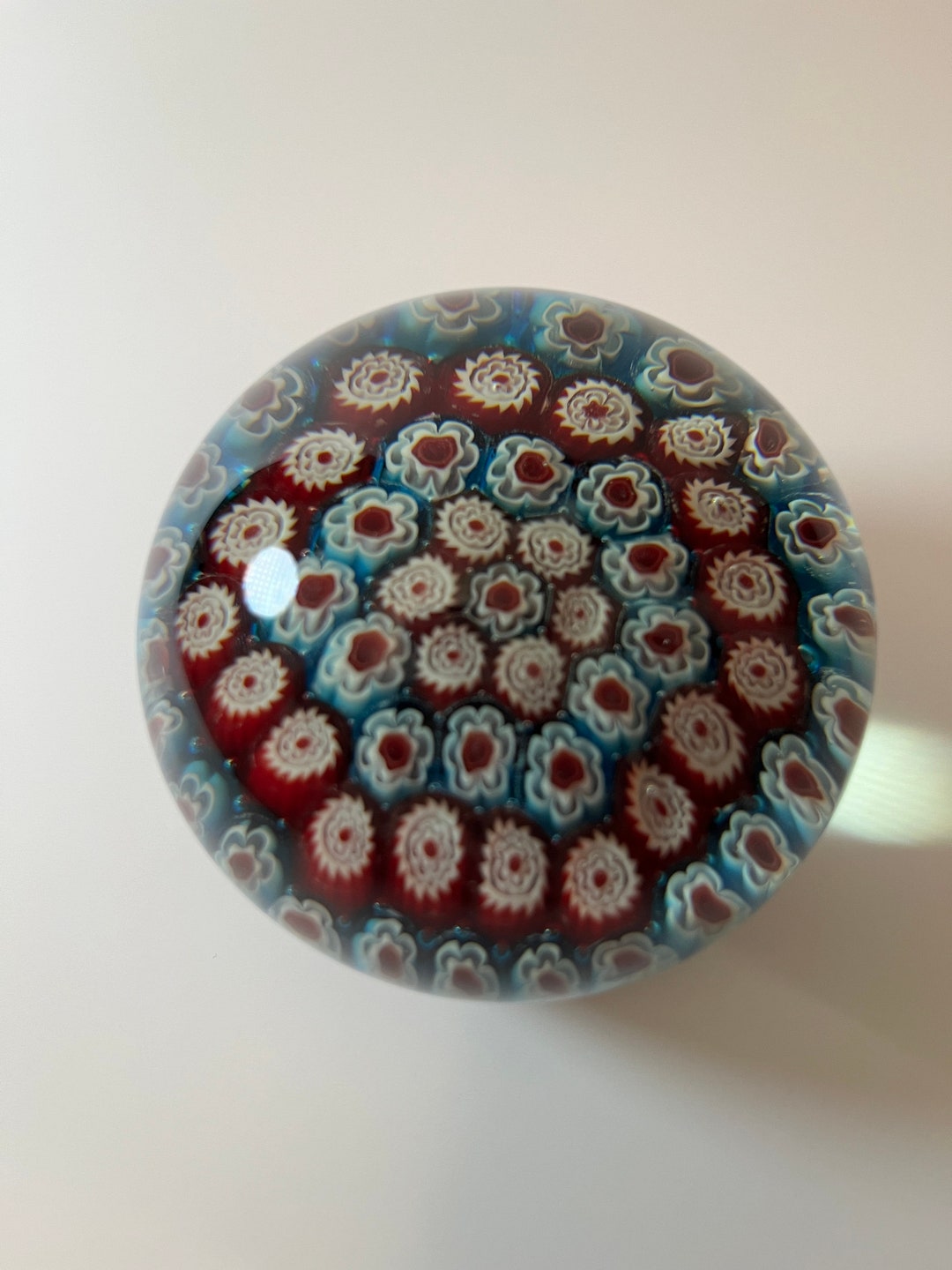 Vintage Murano Hand Blown Italian Art Glass Concentric Millefiori Paperweight Red, White, Blue ...