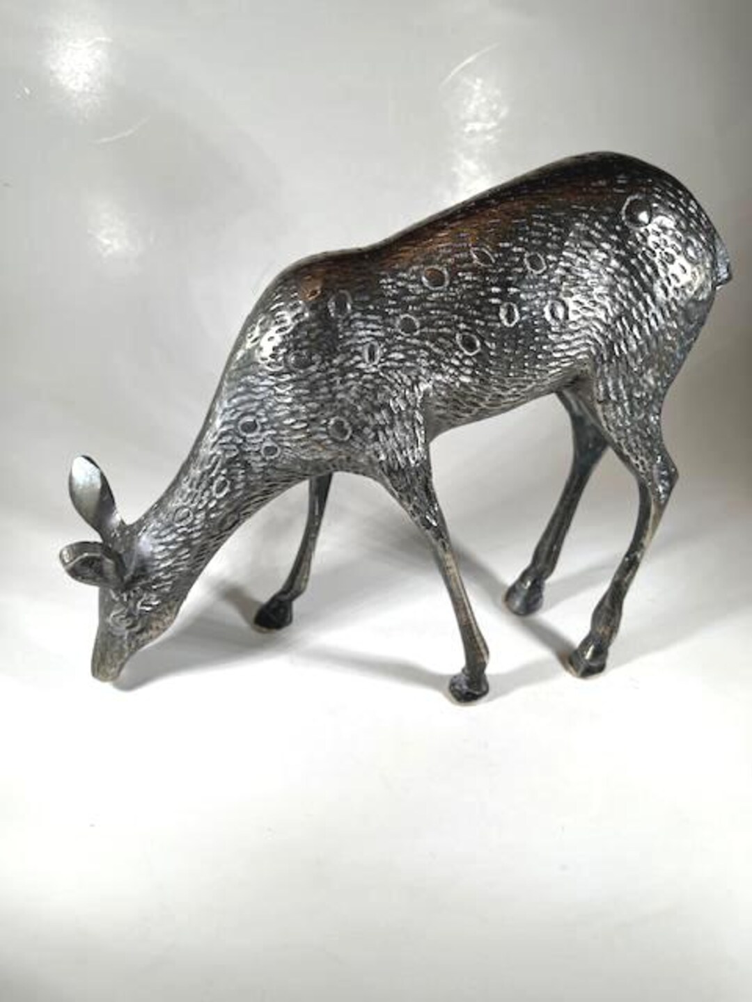Vintage Silver Patina Brass Deer Figurine – Grazing Doe, Woodland Decor ...