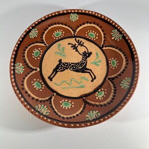 10" Round American Redware Plate With Leaping Stag Motif - Turtle Creek ...