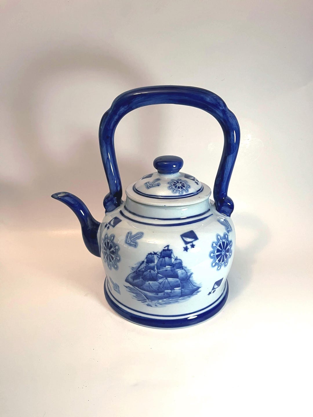 Vintage Nautical Blue and White Ships Teapot - Porcelain Tea Pot With ...