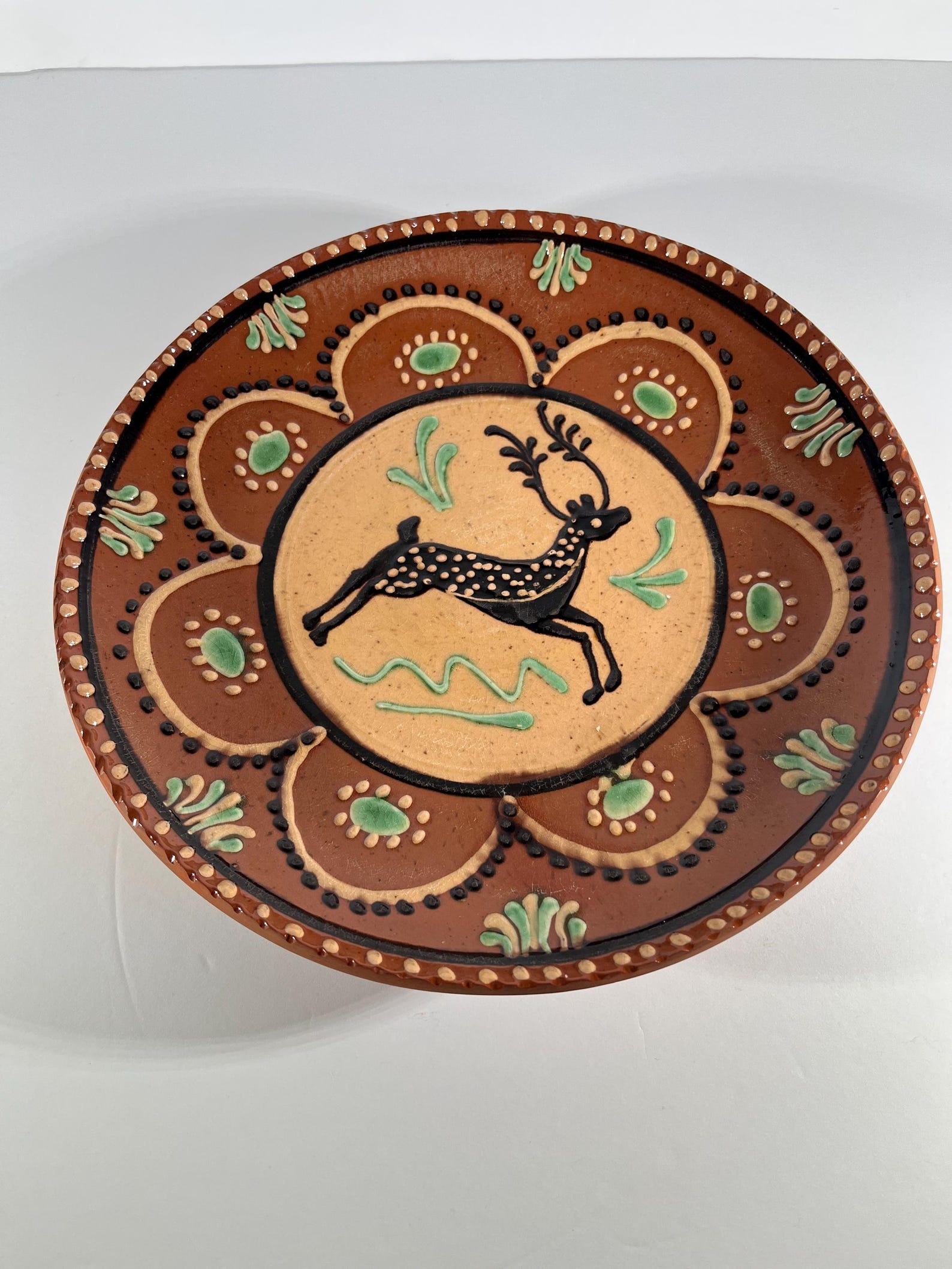 10" Round American Redware Plate With Leaping Stag Motif - Turtle Creek ...