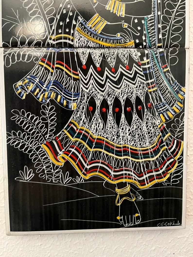 Vintage Madhubani Style Painting Original Artwork on Tile Signed EE ...