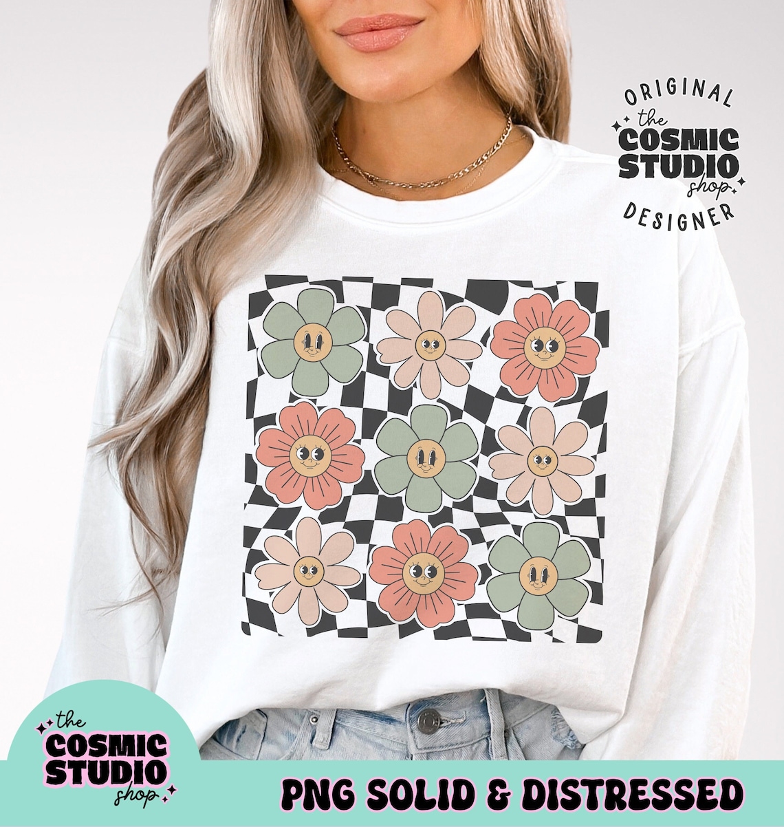Checkered Flowers Png, PNG Solid and Distressed, Flower Sublimation ...