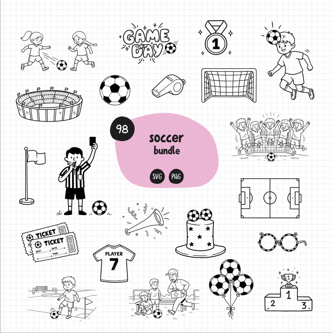 Soccer Clipart Bundle | 98 Black Outline Doodles | Soccer SVG PNG ...