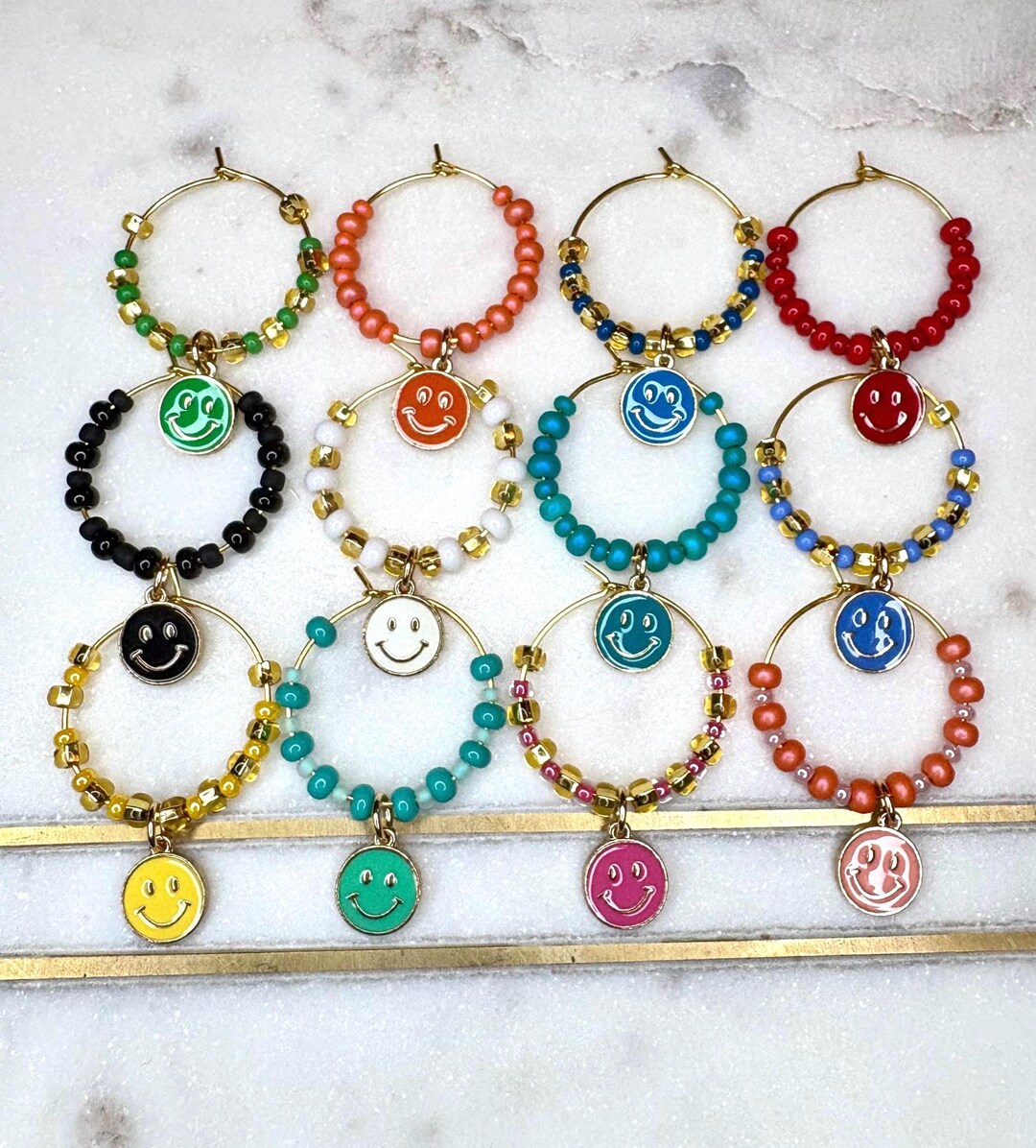 Wine Glass Markers | Smiley Face Charms - 12 Count | Czech Glass Beads ...