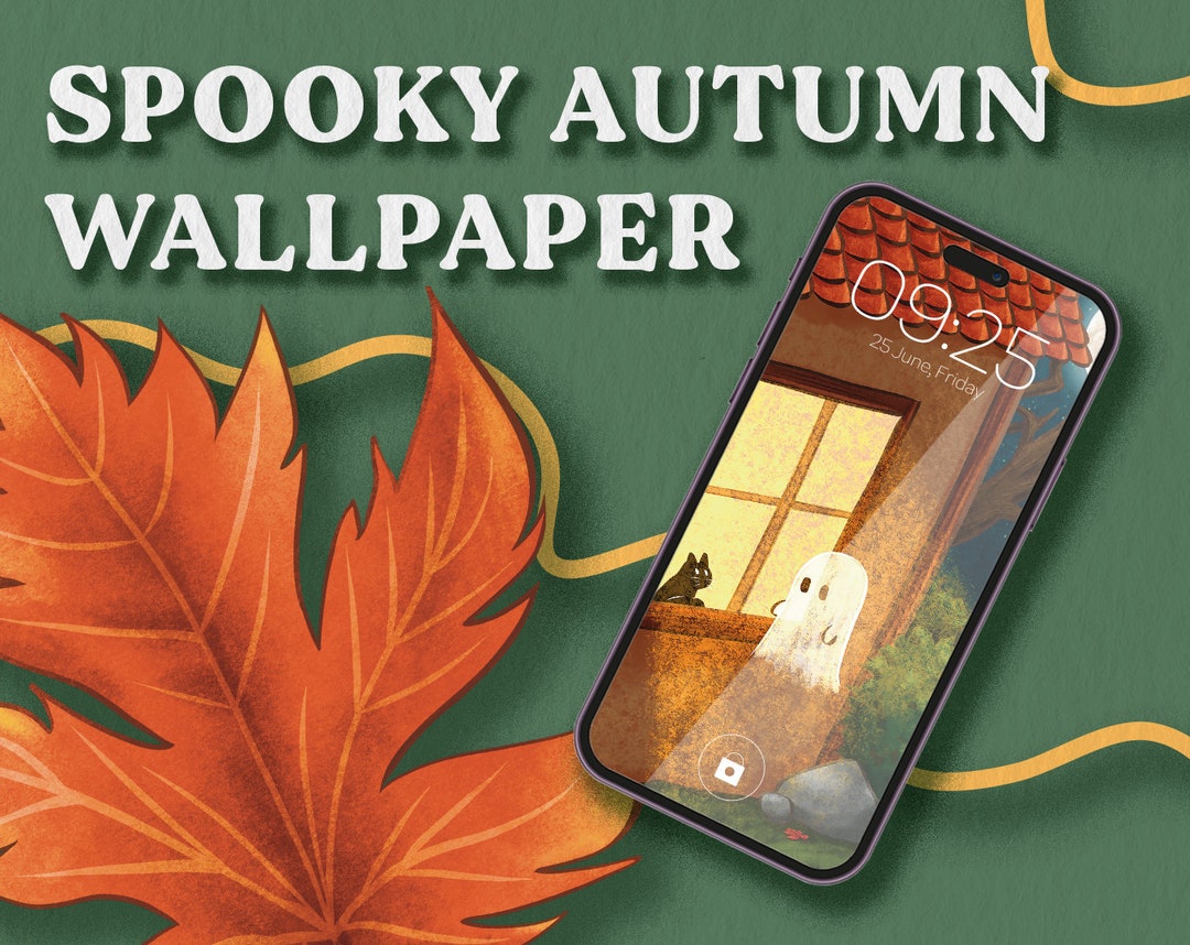 Spooky Autumn Ghost and Cat Wallpaper | Hand Drawn Fall Lockscreen - Etsy