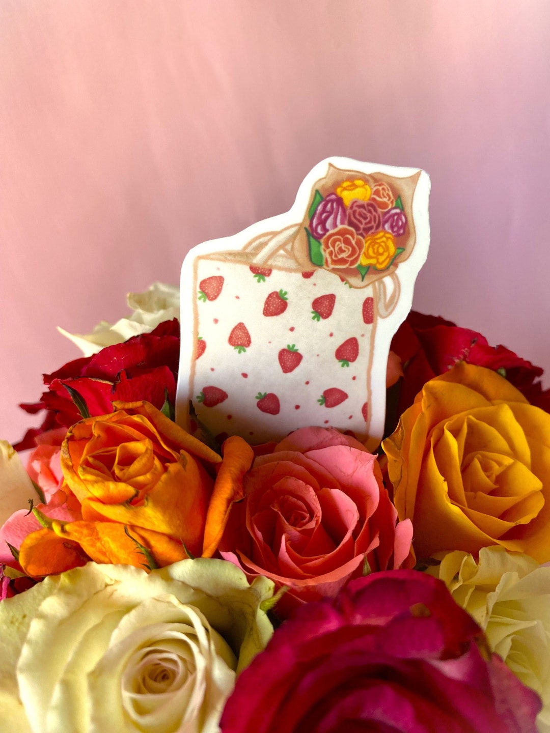 Grocery Shopping Bag Sticker | Strawberries and Flowers Design Glossy ...