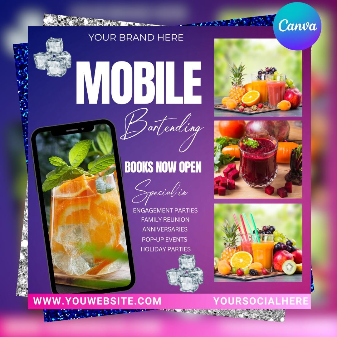 Mobile Bartending Service Flyer Template, Social Media (canva Editable ...