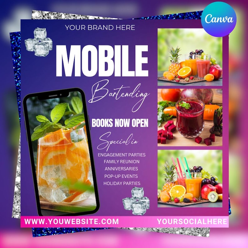 Mobile Bartending Service Flyer Template, Social Media (canva Editable ...
