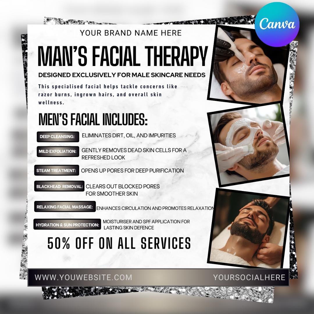 Men's Facial Flyer Template, Spa Services, Male Grooming (DIY, PDF) - Etsy