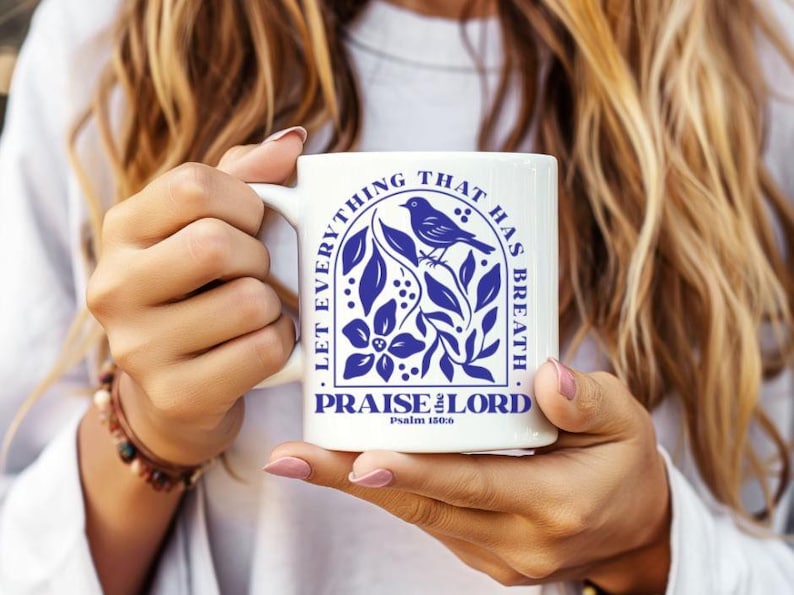 Boho Aesthetic Ceramic Mug, Christian Scripture Coffee Cup, Psalm 150:6 ...