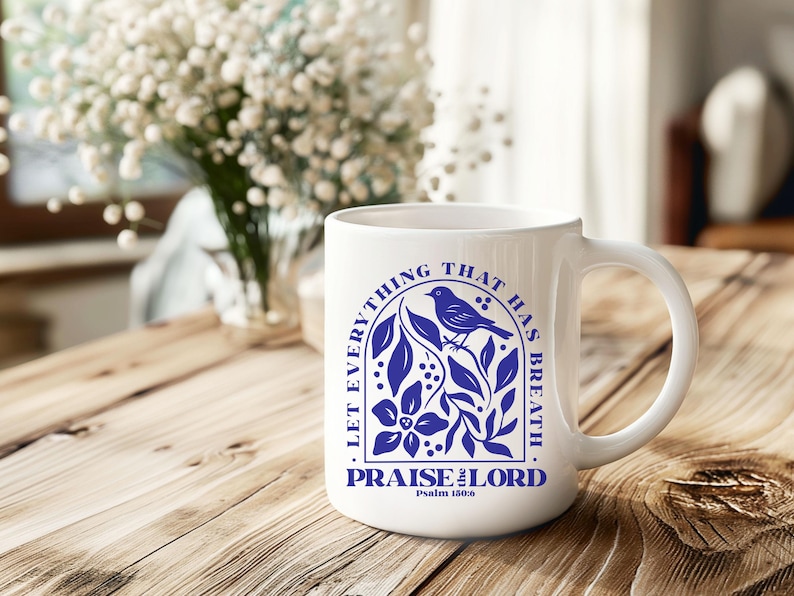 Boho Aesthetic Ceramic Mug, Christian Scripture Coffee Cup, Psalm 150:6 ...