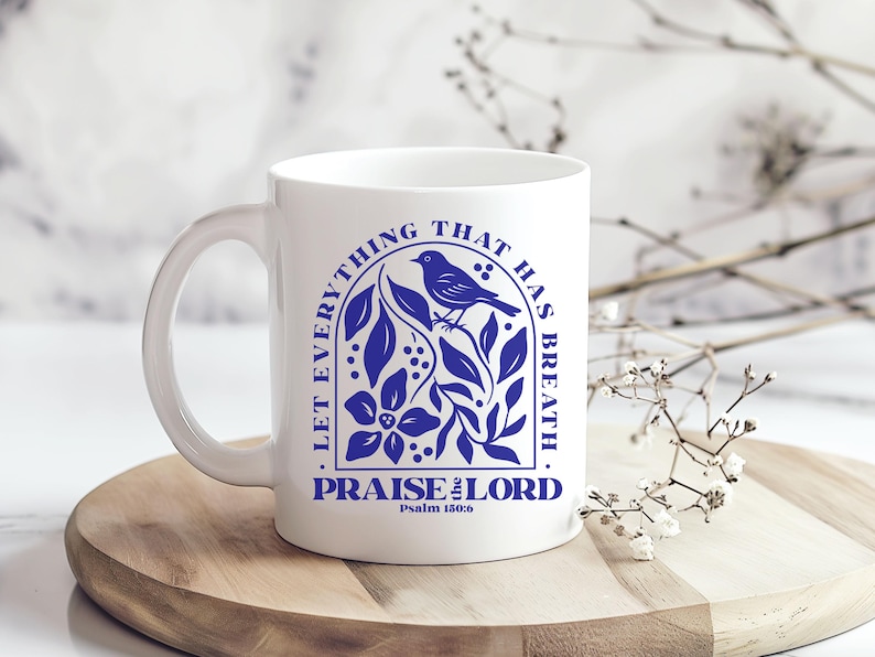 Boho Aesthetic Ceramic Mug, Christian Scripture Coffee Cup, Psalm 150:6 ...