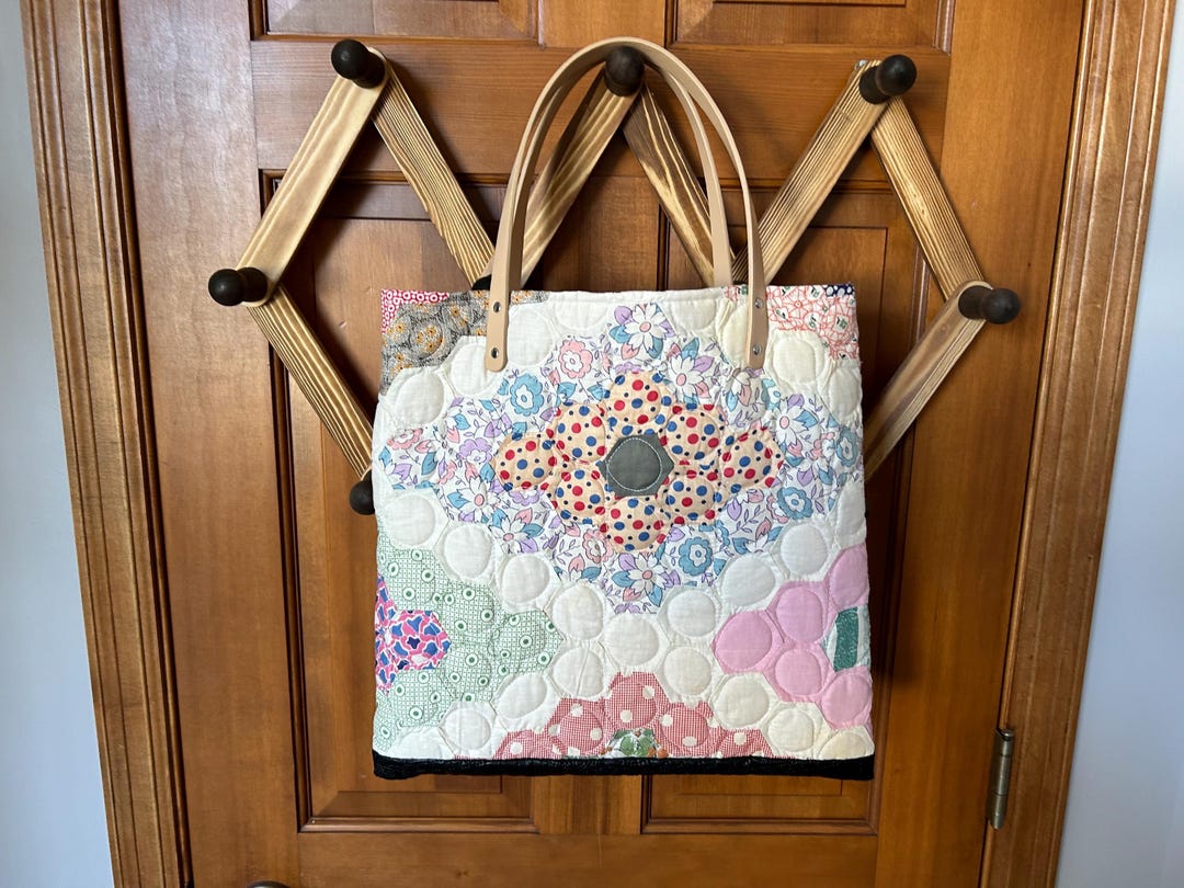 Quilted Tote Bag Vintage Patchwork Market Bag Quilted Vintage Project Bag Quilted Hexagon Tote ...