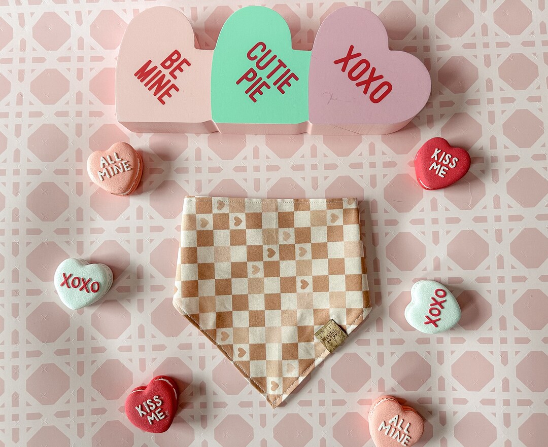 Handmade Checked Neutral Heart Bandana, Cat Bandana, Pet Bandana, Snap ...
