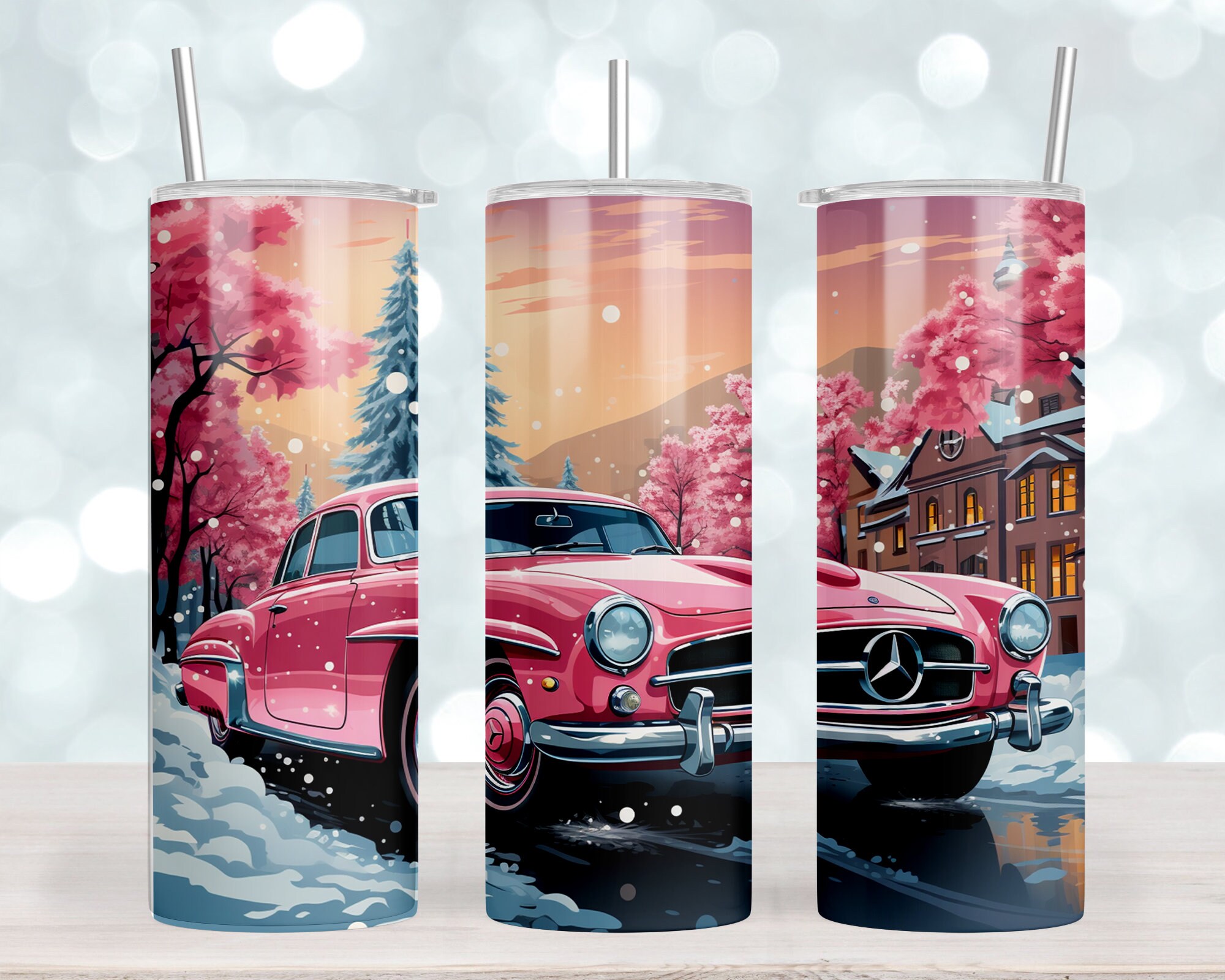 Pink Mercedes Christmas Tumbler Wrap 20 Oz Snow Sublimation PNG Digital ...