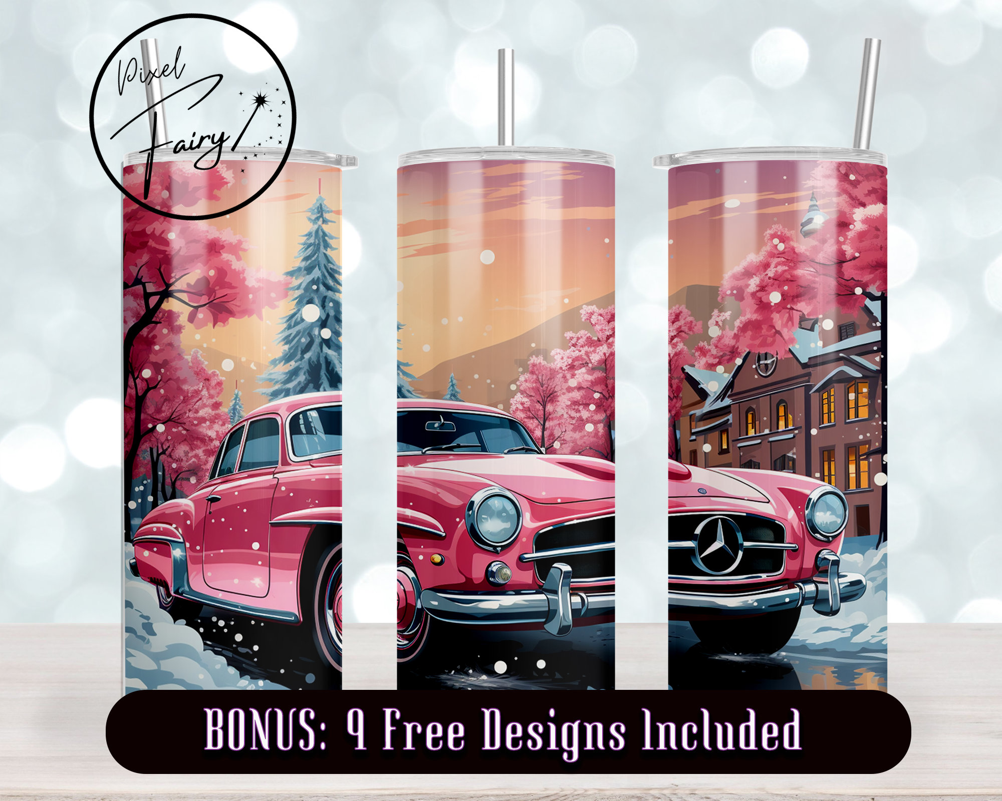 Pink Mercedes Christmas Tumbler Wrap 20 Oz Snow Sublimation PNG Digital ...
