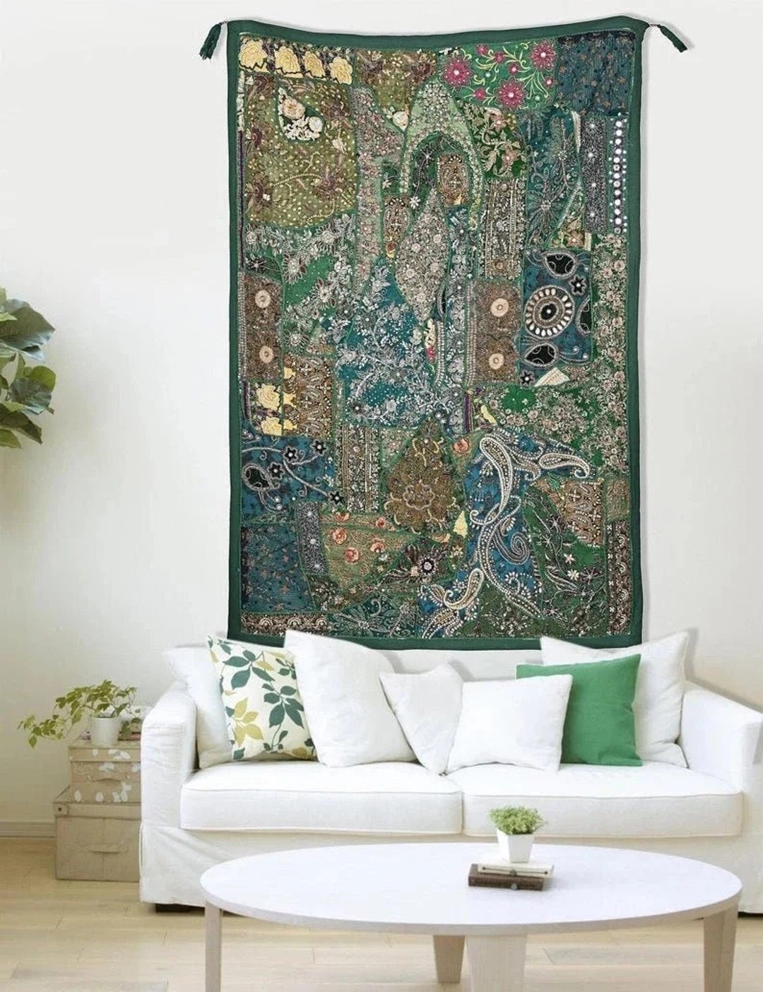 Green Patchwork Tapestry - Drawing Room Wall Tapestry - Heavy ...