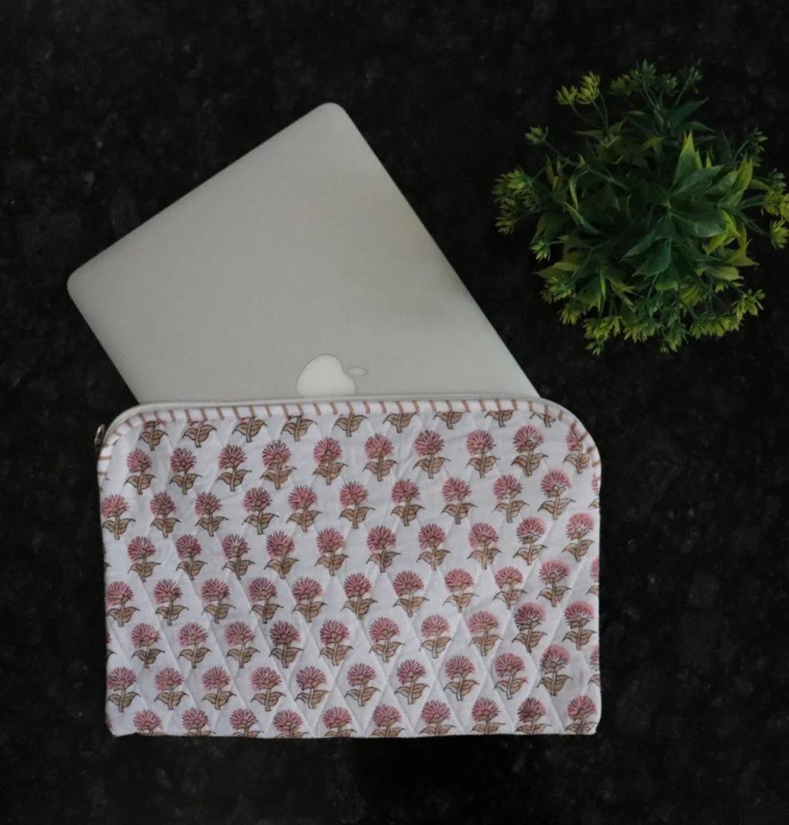 Large Cotton Quilted Handmade Laptop Sleeve, Block Printed Floral ...