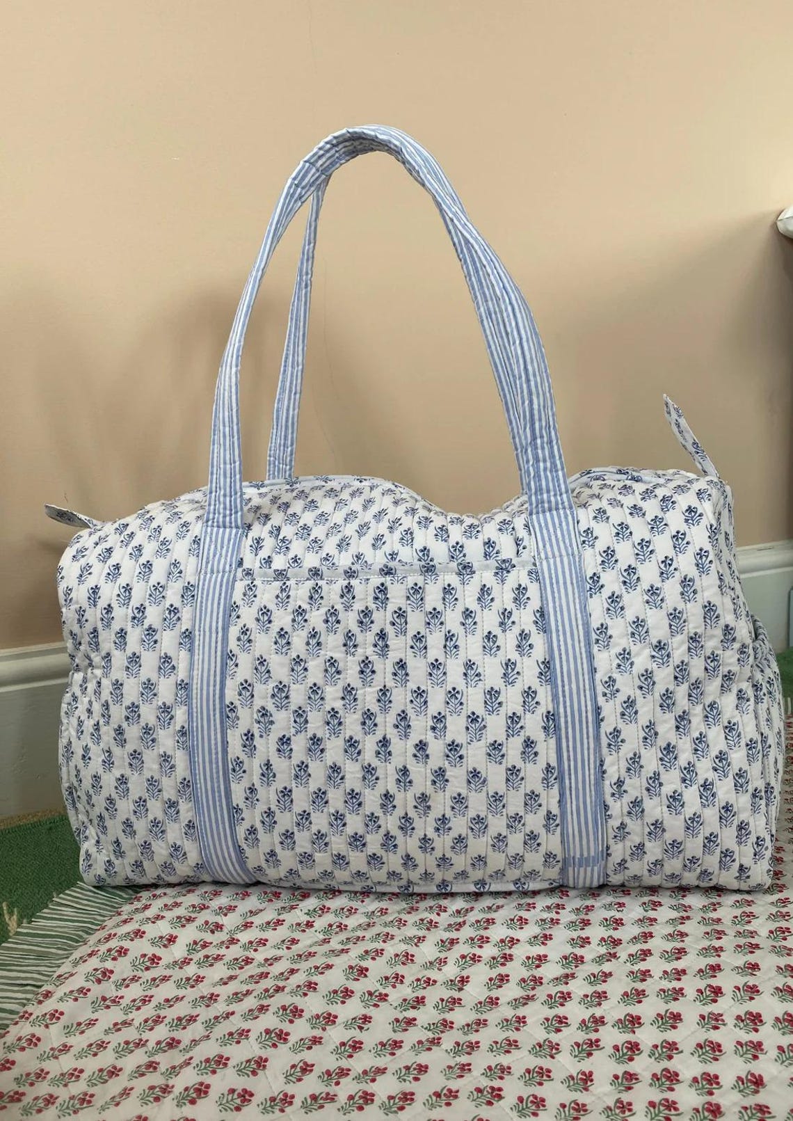 Block Print Luggage Bag, Cotton Quilted Travel Bags, Handmade Duffle ...