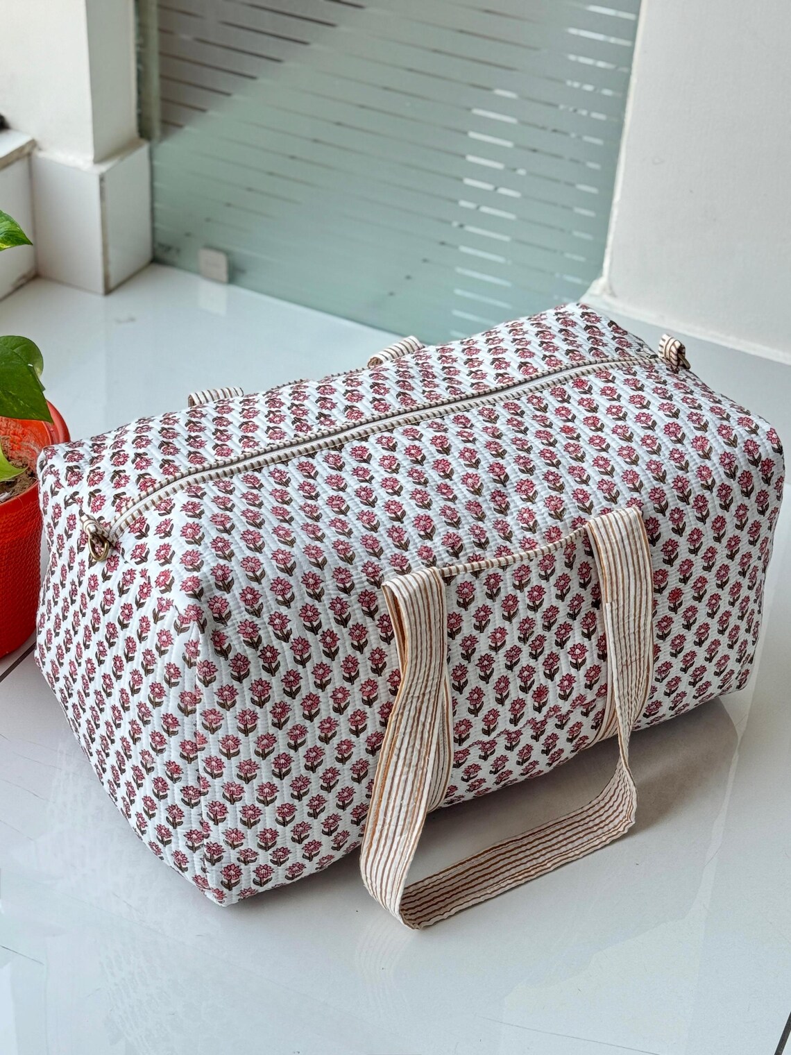 Block Print Luggage Bag, Cotton Quilted Travel Bags, Handmade Duffle ...