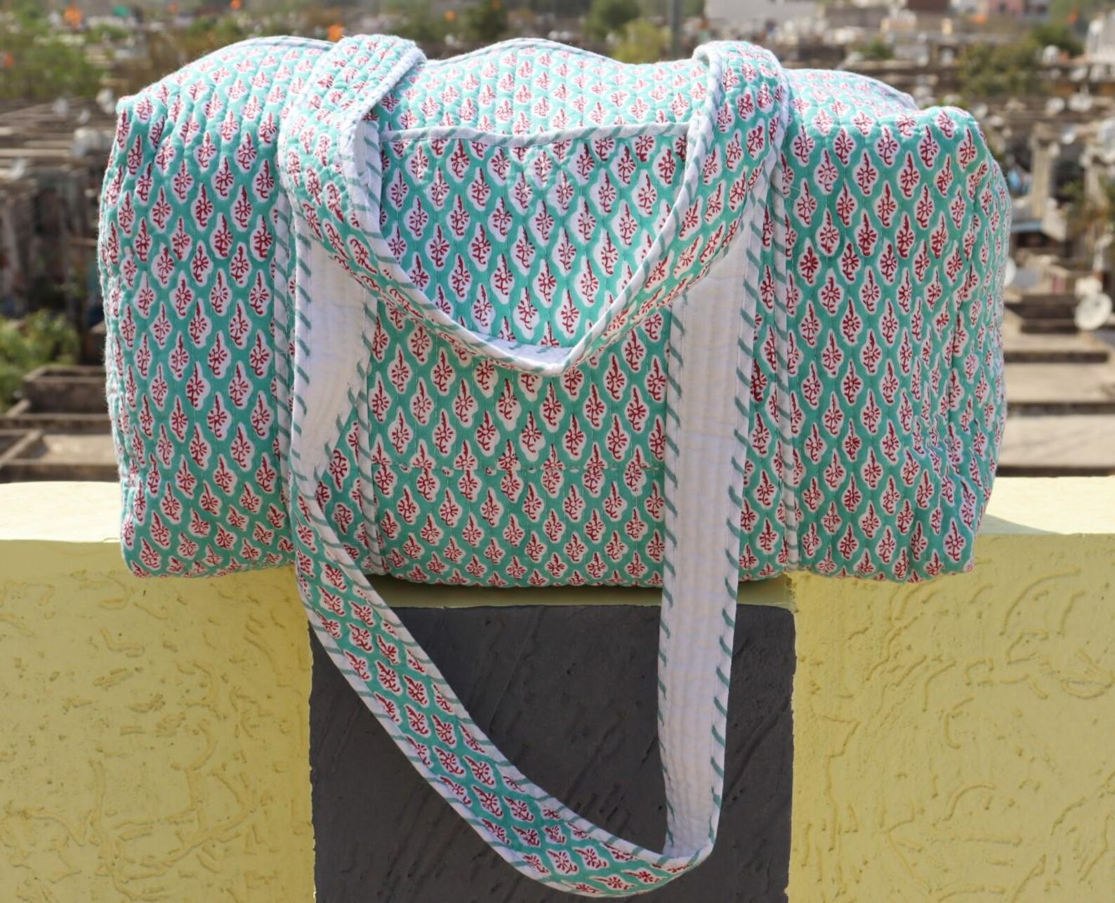 Indian Cotton Quilted Duffle Bag, Block Print Fabric Overnight Bag ...