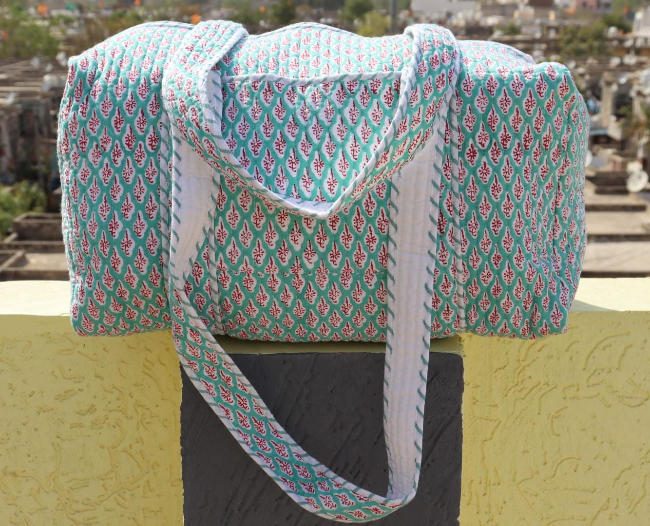 Indian Cotton Quilted Duffle Bag, Block Print Fabric Overnight Bag ...
