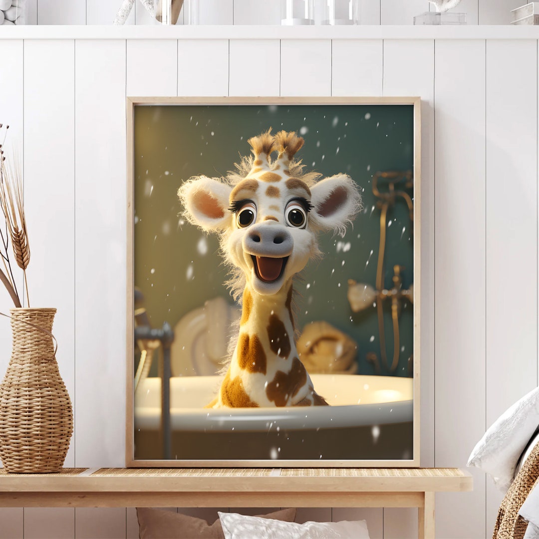 Cute Giraffe in Tub, Bathroom Wall Art, Cute Giraffe Print, Cat Bathing ...