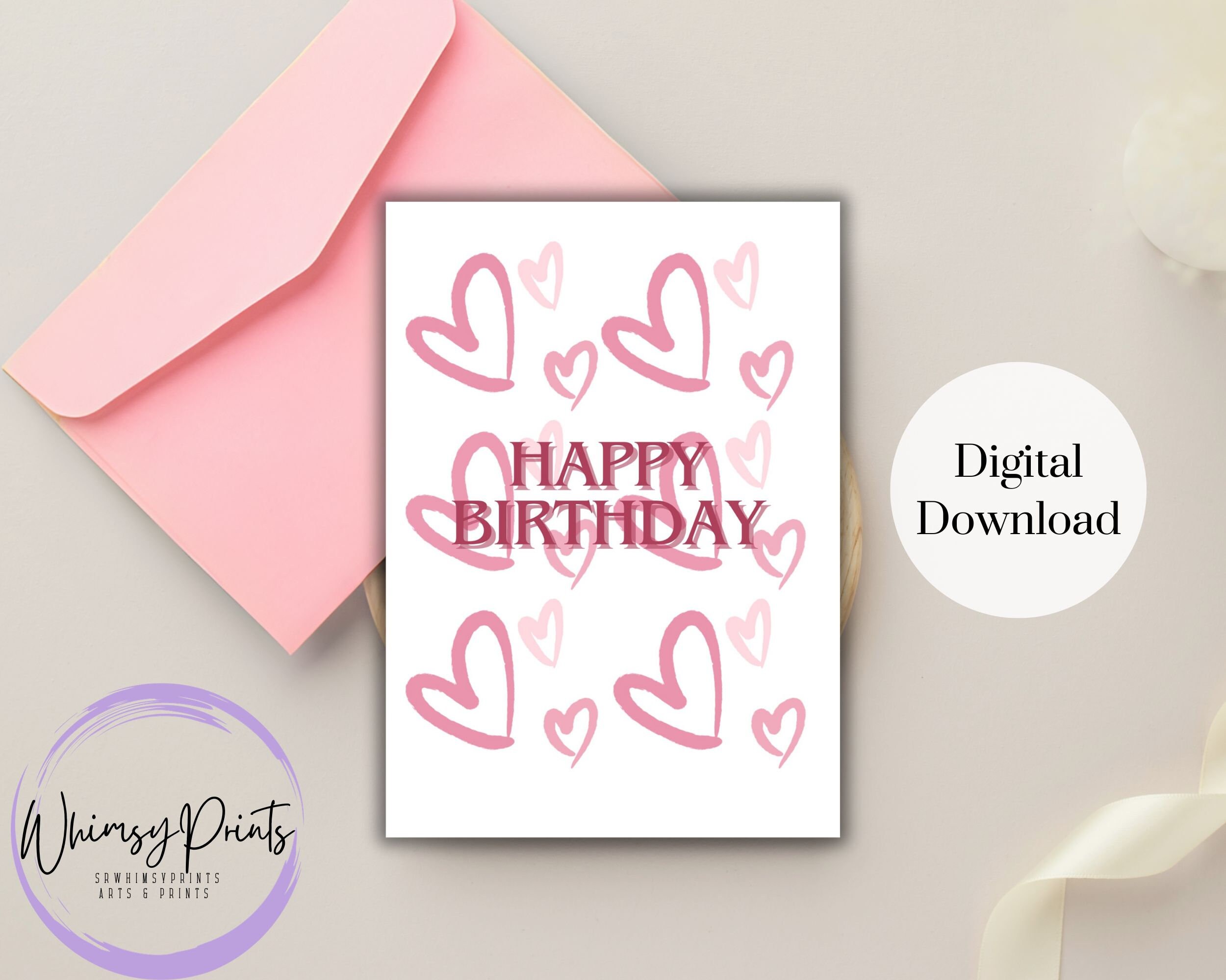 PRINTABLE Happy Birthday Greetings Card Pink Hearts for Your - Etsy