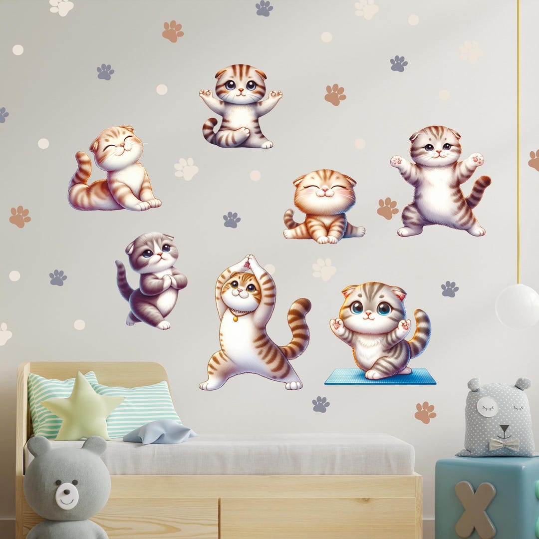 Kawaii Cat Wall Decals Stretching Kitty Vinyl Stickers Adorable Cats ...