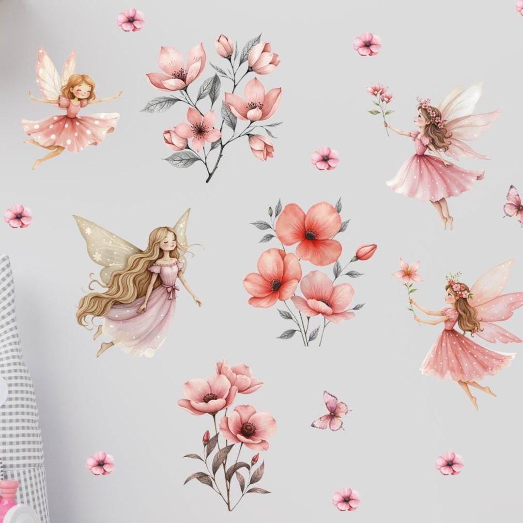 Fairy Wall Decals: Pink Fairies, Flowers, Butterflies - Girls Room ...