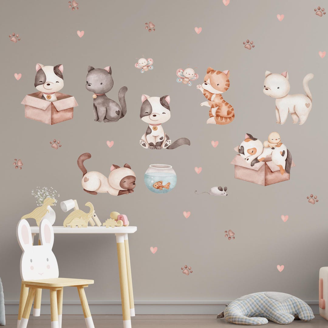 Cute Cats Wall Decals Playful Kittens Vinyl Stickers Adorable Kitty Set ...