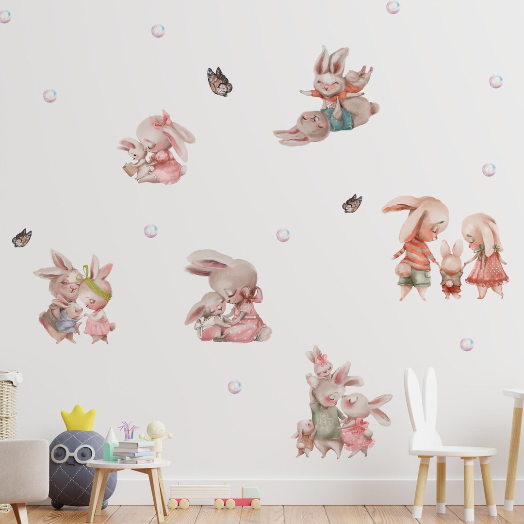 Family Bunny Wall Decals for Nursery, Cute Rabbit Wall Stickers, Animal ...