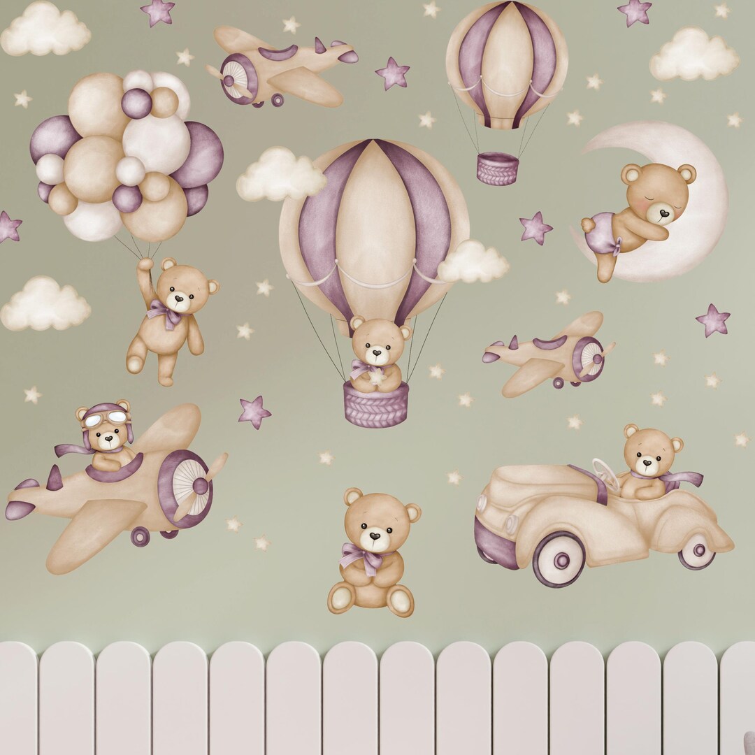 Lilac Teddy Bear Wall Decals Watercolor Purple Bear Wall Stickers Set ...